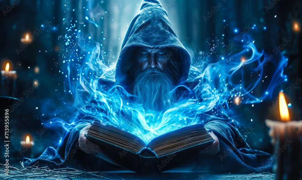 Mystical ancient wizard conjuring blue magical energy from an arcane ...
