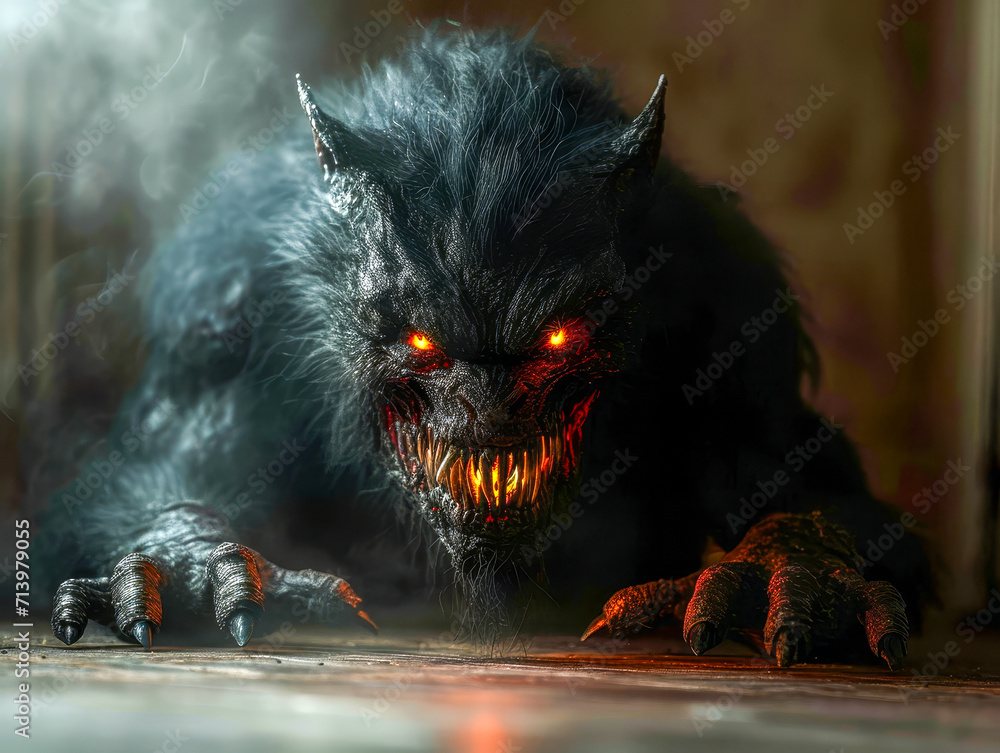 Digital art of a menacing werewolf with glowing red eyes emerging from ...
