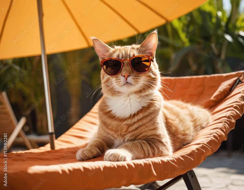 Cat in sunglasses sunbathes on a sun lounger Stock Photo | Adobe Stock
