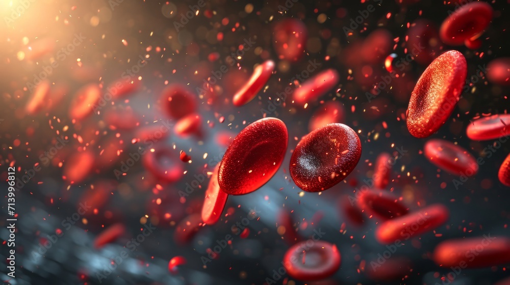 3D illustration electron microscope of red blood cells, Close-up under ...