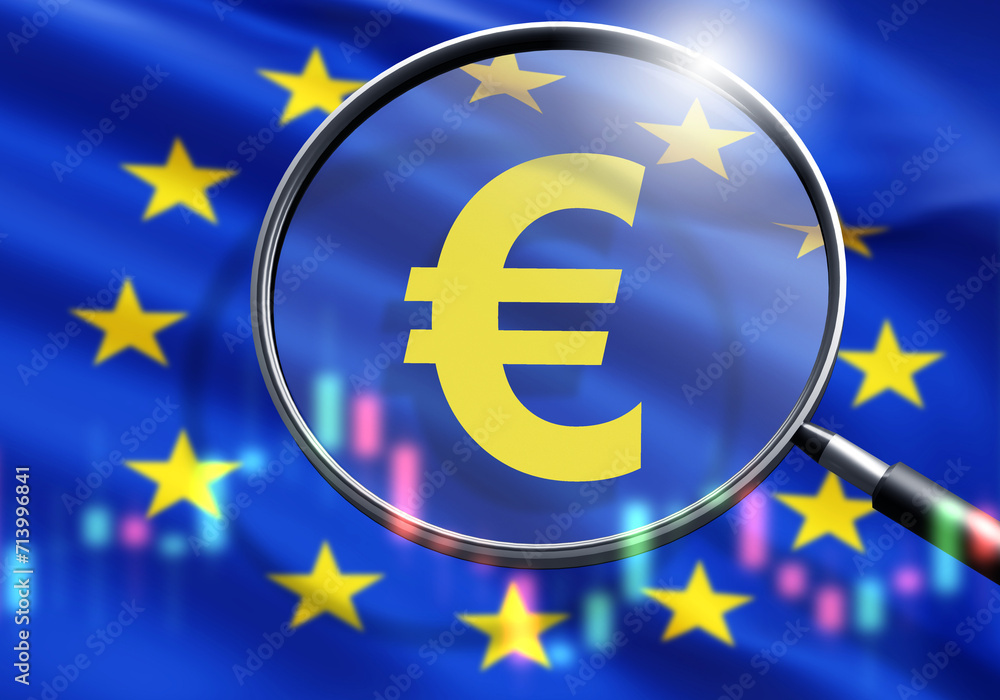 Illustration Stock Euro symbol under magnifying glass. Study of economy ...