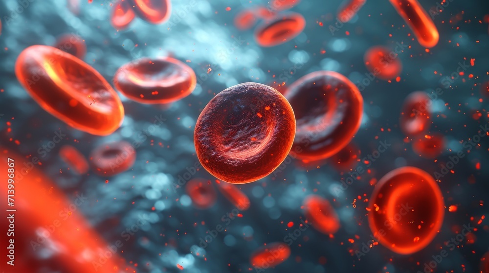 3D illustration electron microscope of red blood cells, Close-up under ...