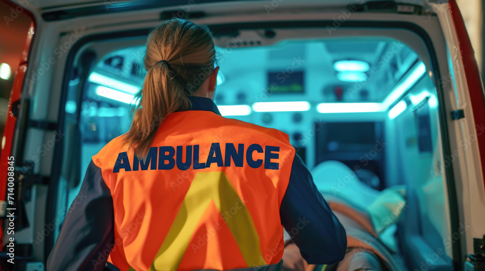 Paramedic in Ambulance Preparing for Emergency Response Stock Photo ...