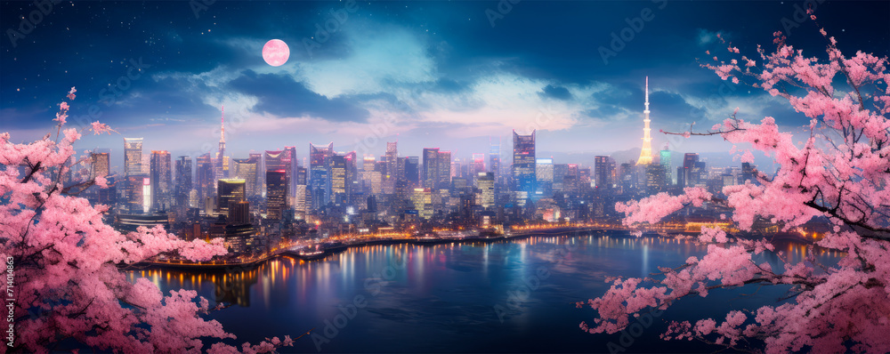 Panoramic landscape of nighttime Tokyo with sakura branches shrouded in ...