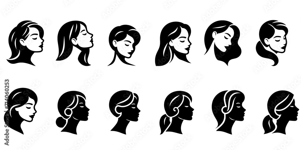 Vector silhouette art of women side profile set, logo style icons ...
