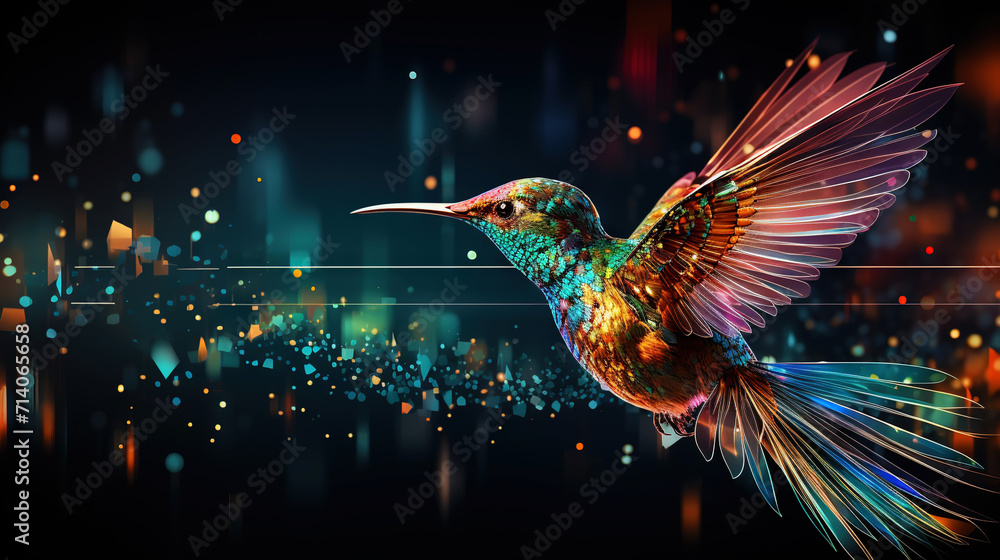 Big data visualization. Flight of a digital humming bird in neon colors ...