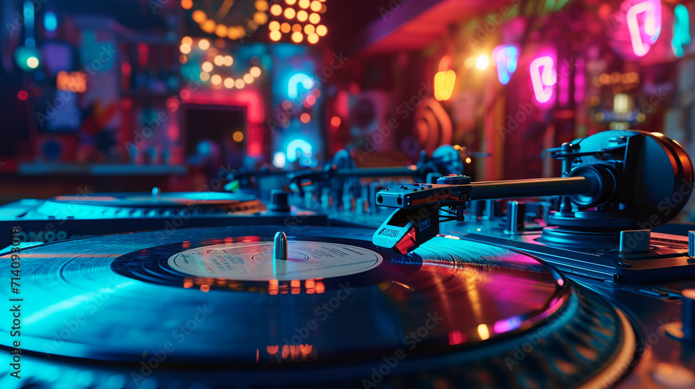 A visually rich composition showcasing a DJ spinning vinyl records in a ...