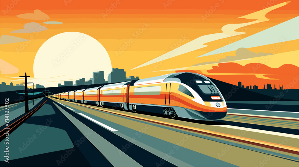 Convey the efficiency and speed of trains in a vector scene featuring ...