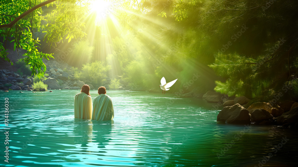 The biblical scene from the Gospels where John the Baptist baptizes ...