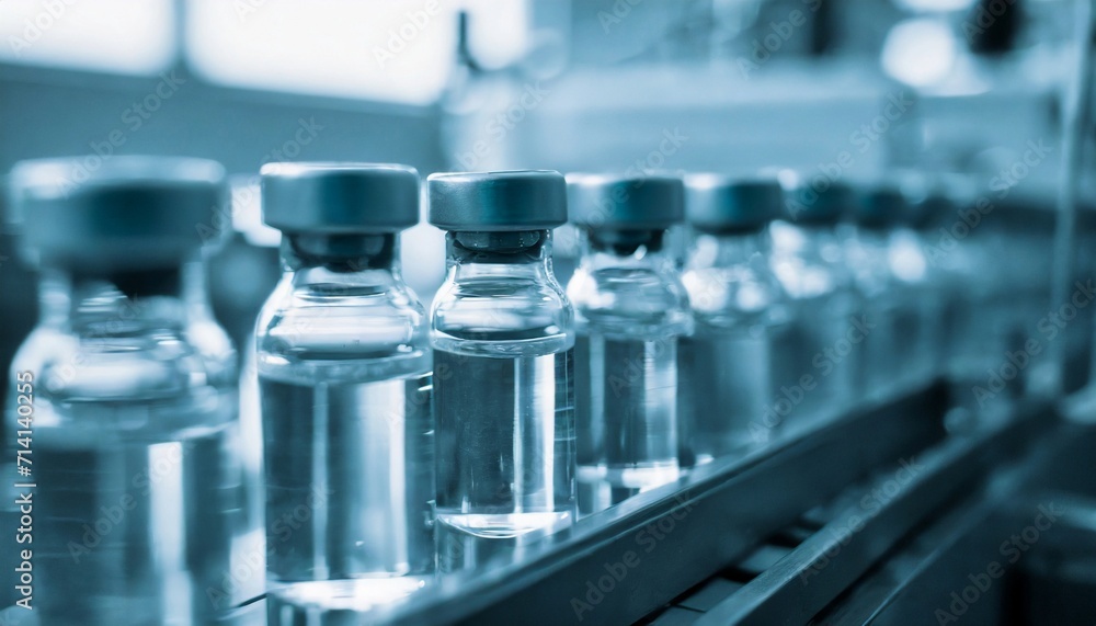 Medical glass vials on the production line. Pharmaceutical factory ...