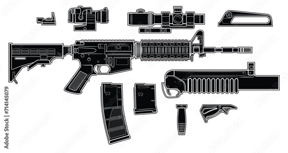 Vector drawing of an popular M4 assault rifle with adjustable stock and ...