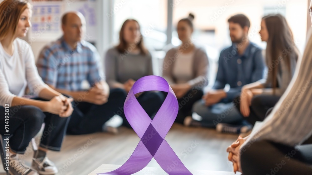 Purple awareness ribbon and group of people sitting in the circle, out ...