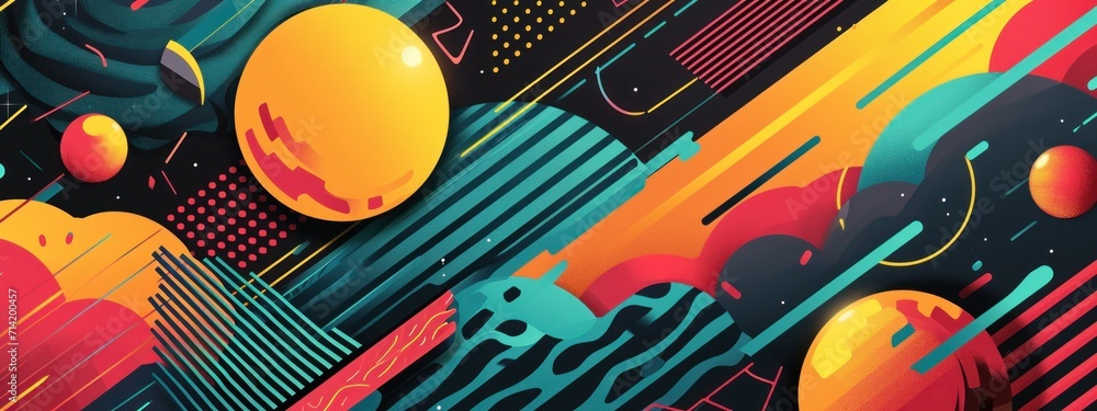 Abstract design with layered stripes and planetary shapes over a dark ...