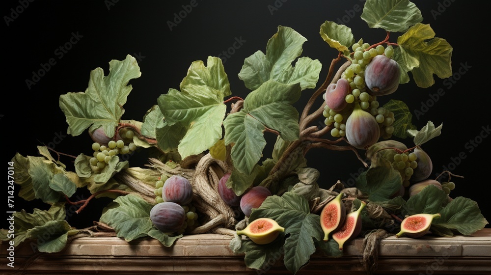 An ultra-realistic fig tree with intricate leaves and clusters of ripe ...