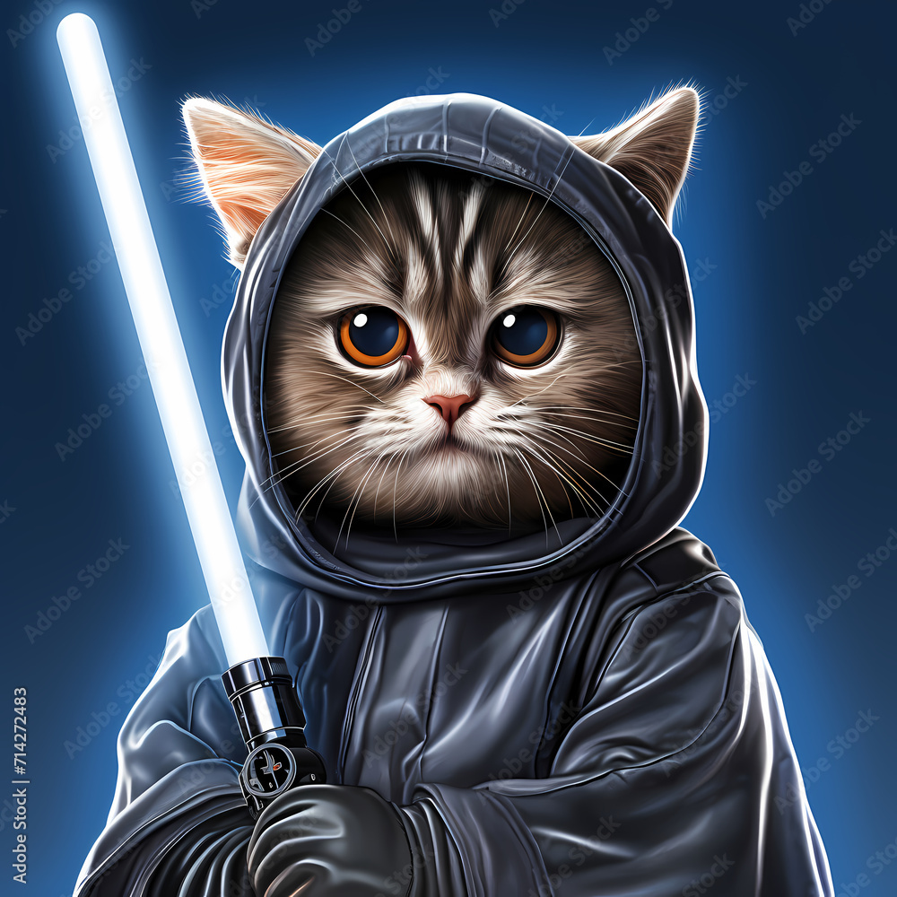 Beautiful cute cat Jedi warrior with a lightsaber illustration. The vibrant colors, adorable ...