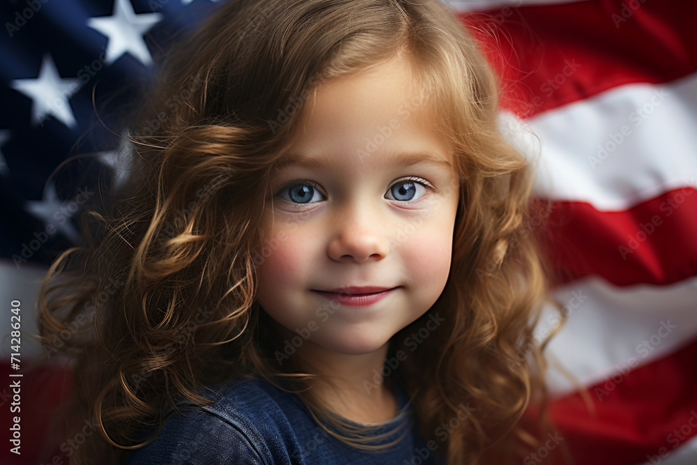 A photo portrait of cute american little girl standing in front of ...
