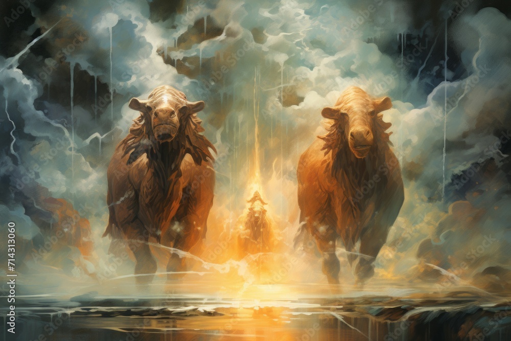 Ferocious thunderstorm giants, summoning lightning and thunder with their mighty presence ...