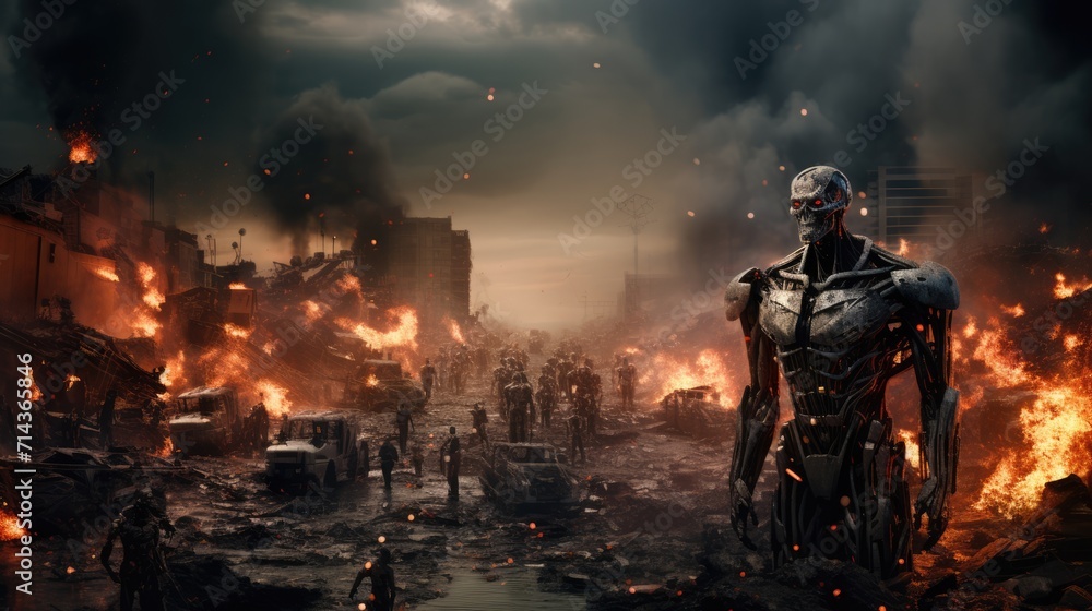 Humans against robots concept. World war. Destruction. Artificial ...