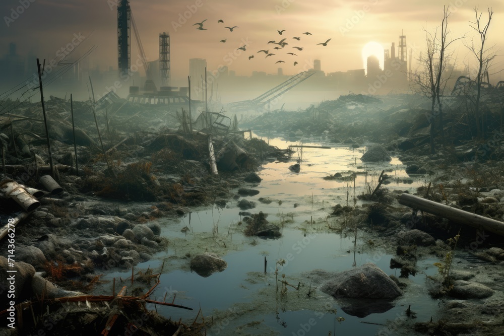 Ecological issues. Polluted land and river. Dirty water and soil ...
