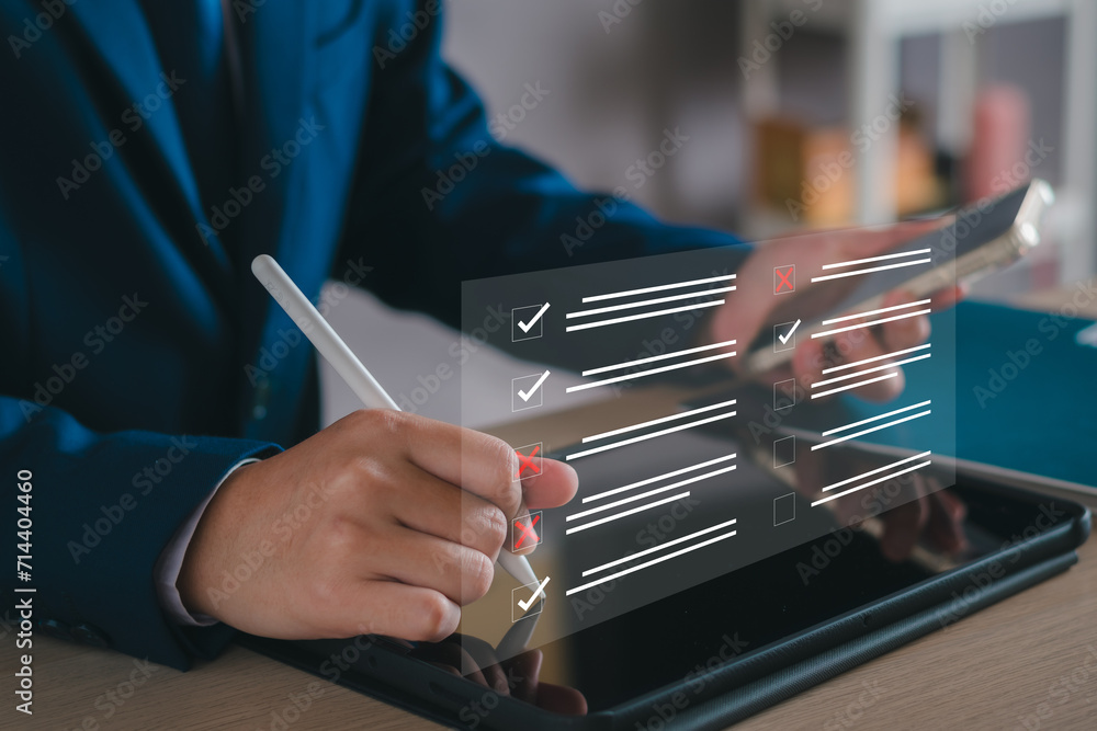 Check list concept. Businessman tick off questionnaire, survey, test ...