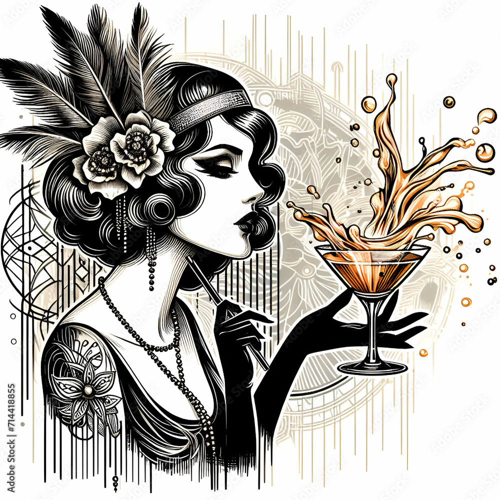 Flapper girl holding cocktail glass with splash. Art deco, 1920 s style ...