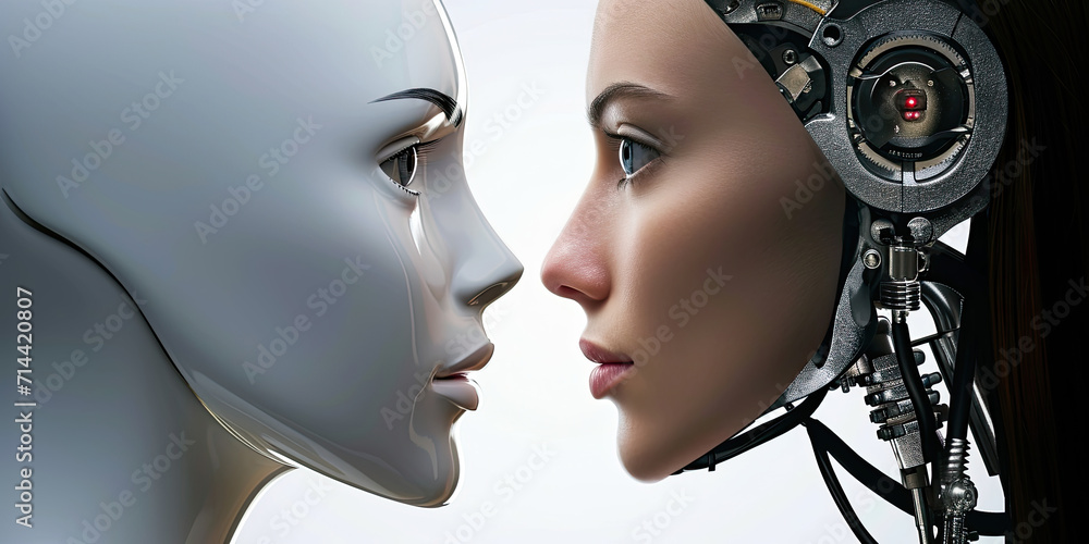 AI artificial intelligence robot head shot face with human head side ...