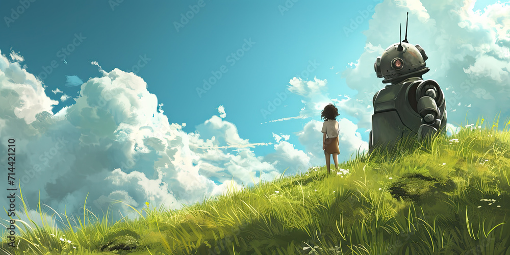 Child with best friend AI robot companion, friendship artificial ...