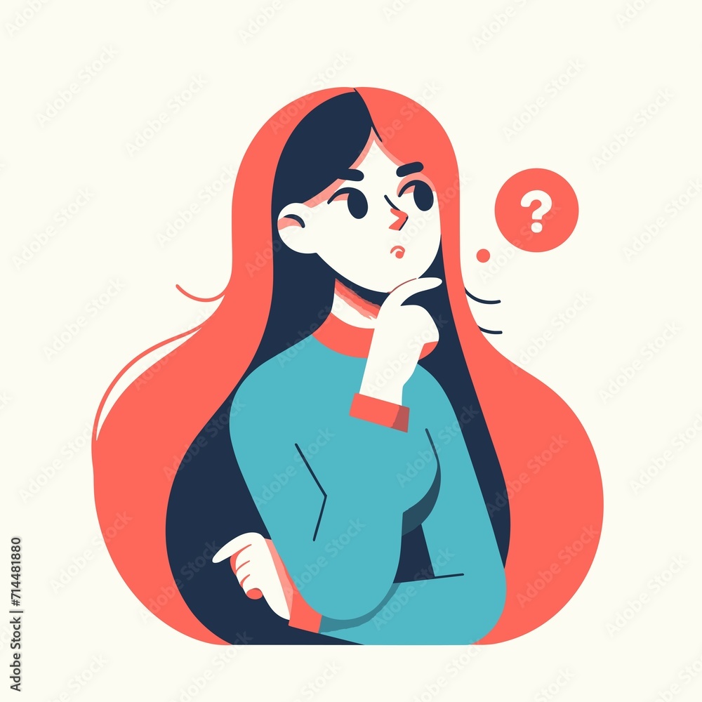 girl thinking curiously , long hair girl with a question mark, Flat ...