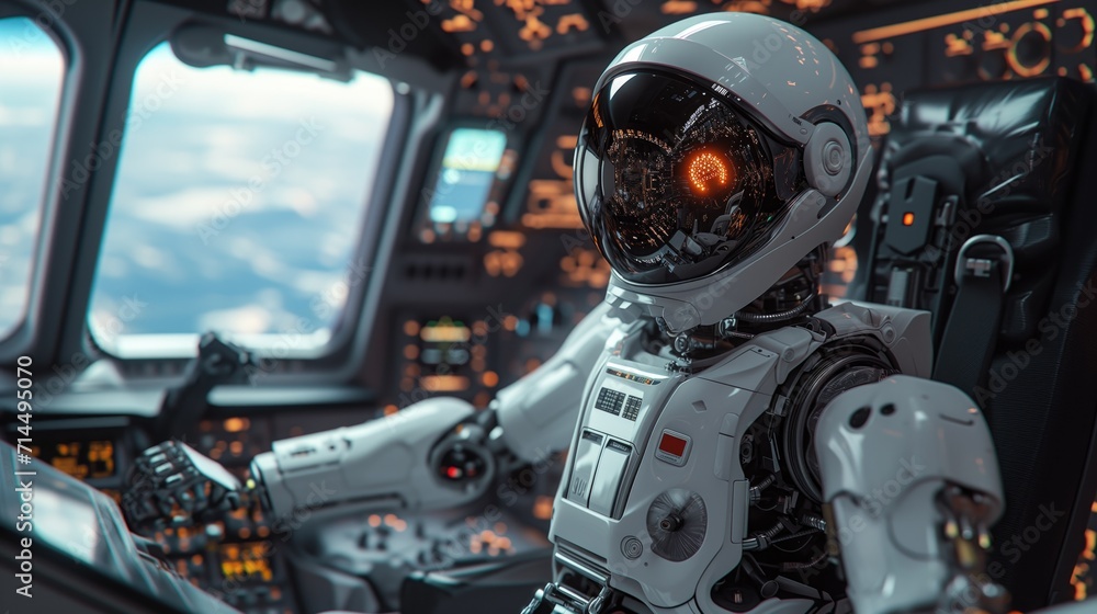 Ilustración de Stock the robot artificial intelligence pilots the plane ...