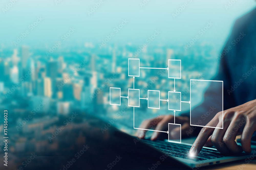 businessman using computer show diagram algorithm flow, organigram, hierarchy scheme. design ...