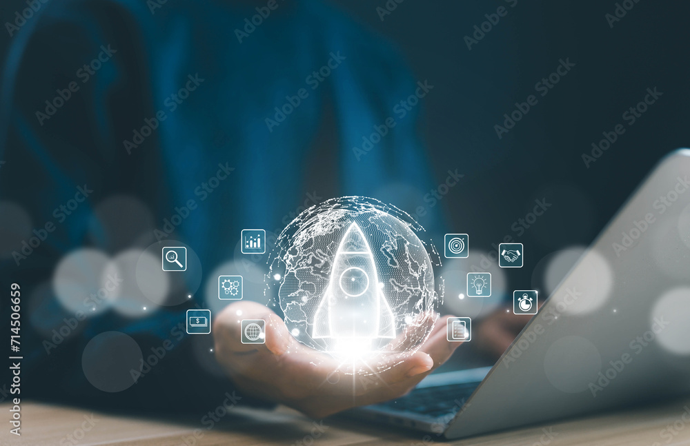 leadership plan development business projects, launch rocket start flying up. concept of digital ...