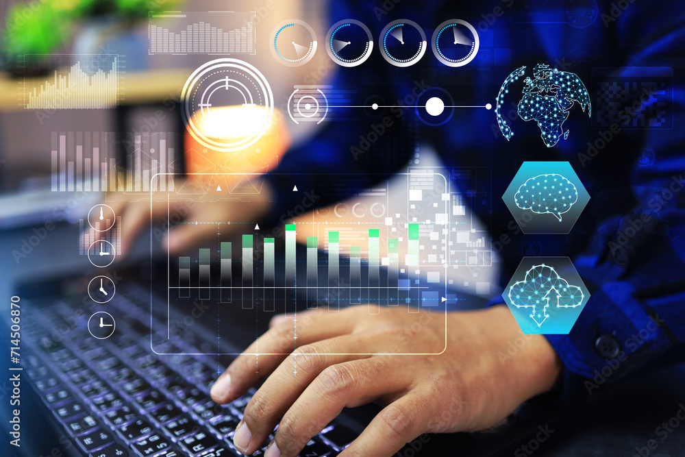 Data analyst work on computer screen to summarize business and ...