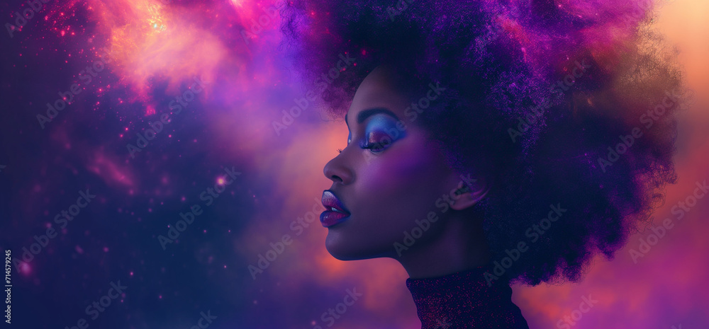 An artistic image blends a black woman's afro into a cosmic nebula ...