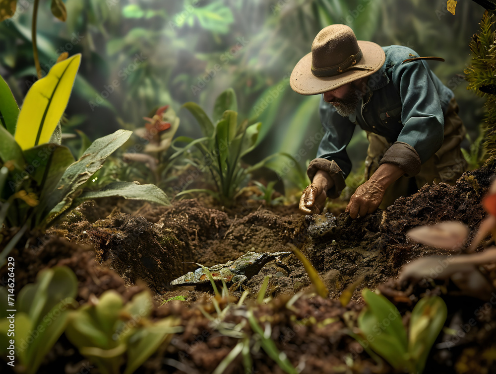 Enigmatic Treasure Hunter Unearthing Ancient Dinosaur Fossil in Lush ...
