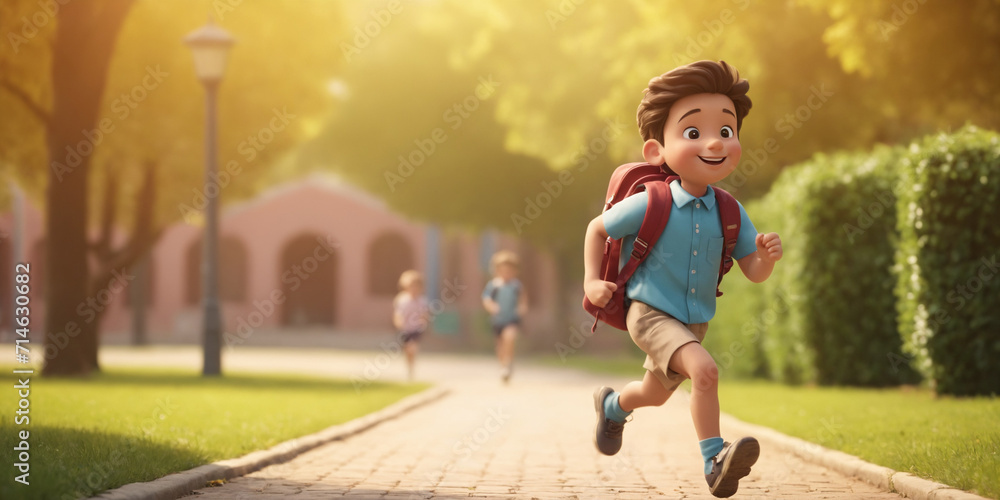 Cartoon character of happy school kid running to school with bag, dof ...