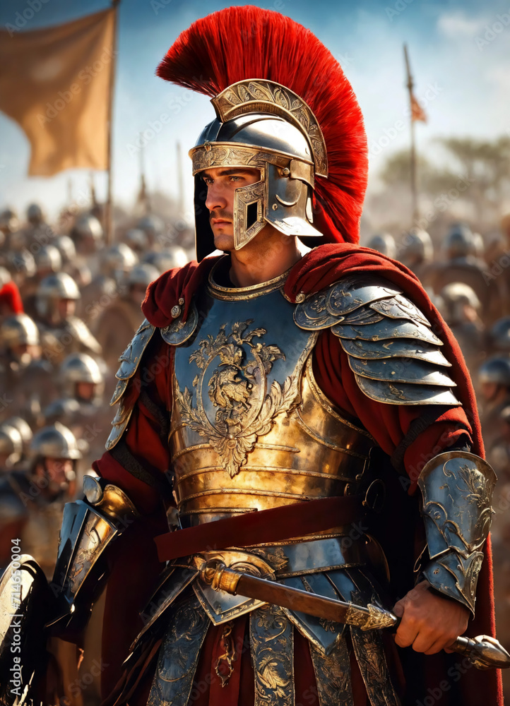 Roman male legionary, legionaries wear helmet with crest, long sword ...