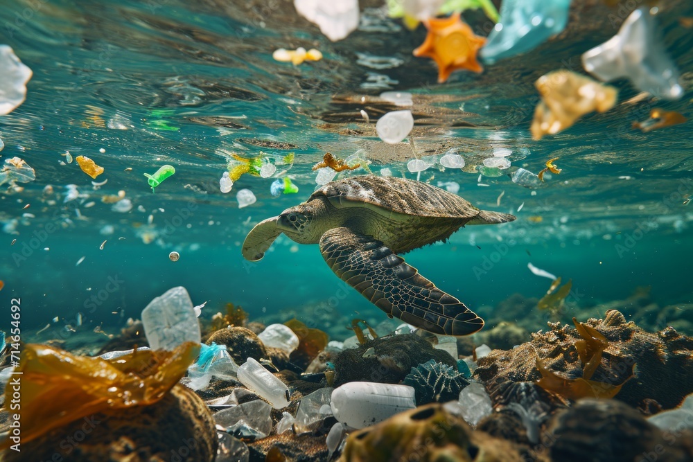 Foto de Stock Plastic pollution chokes marine life globally, posing a ...