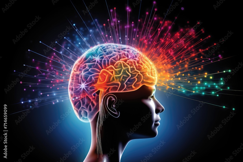 Colored head in the dark, medical illustration, brain photography of ...