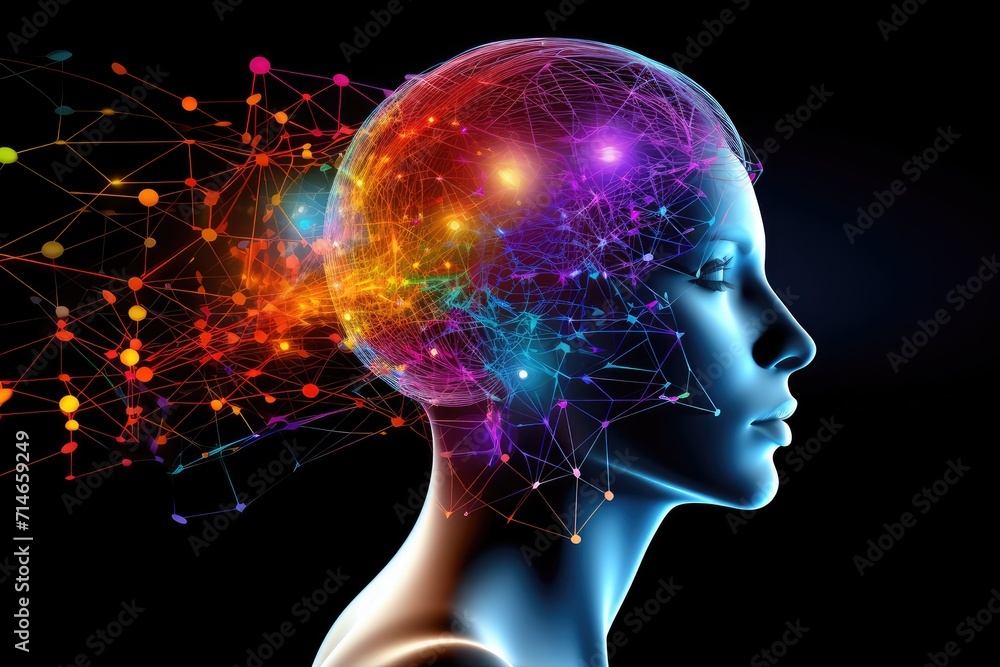 Colored head in the dark, medical illustration, brain photography of ...