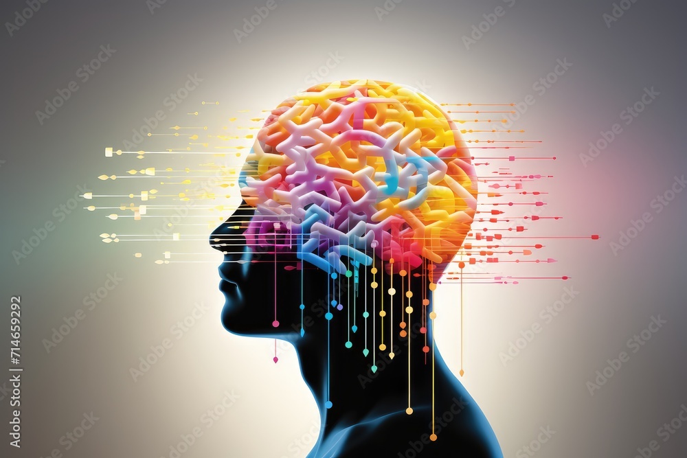 Colored head in the dark, medical illustration, brain photography of ...