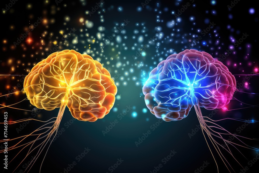 Colored head in the dark, medical illustration, brain photography of ...