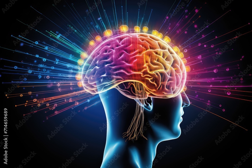 Colored head in the dark, medical illustration, brain photography of ...