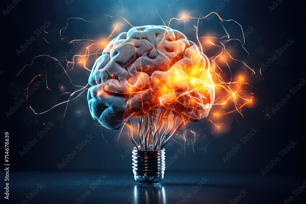Human brain light bulb energy with fire, long-term memory, information ...