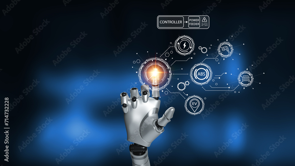Robot hand, touch, dashboard showing hi-tech icon diagram Infographic ...