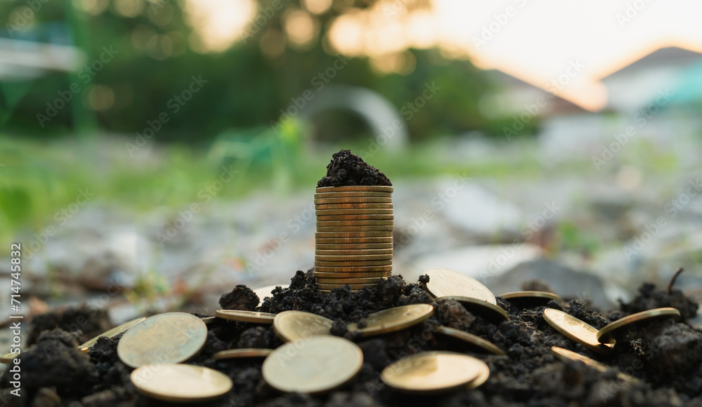 Investment concept, stacked coins on the ground, background of green ...