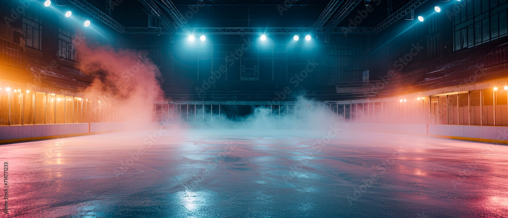 Ice Rink Background. Professional Arena illuminated neon lights ...