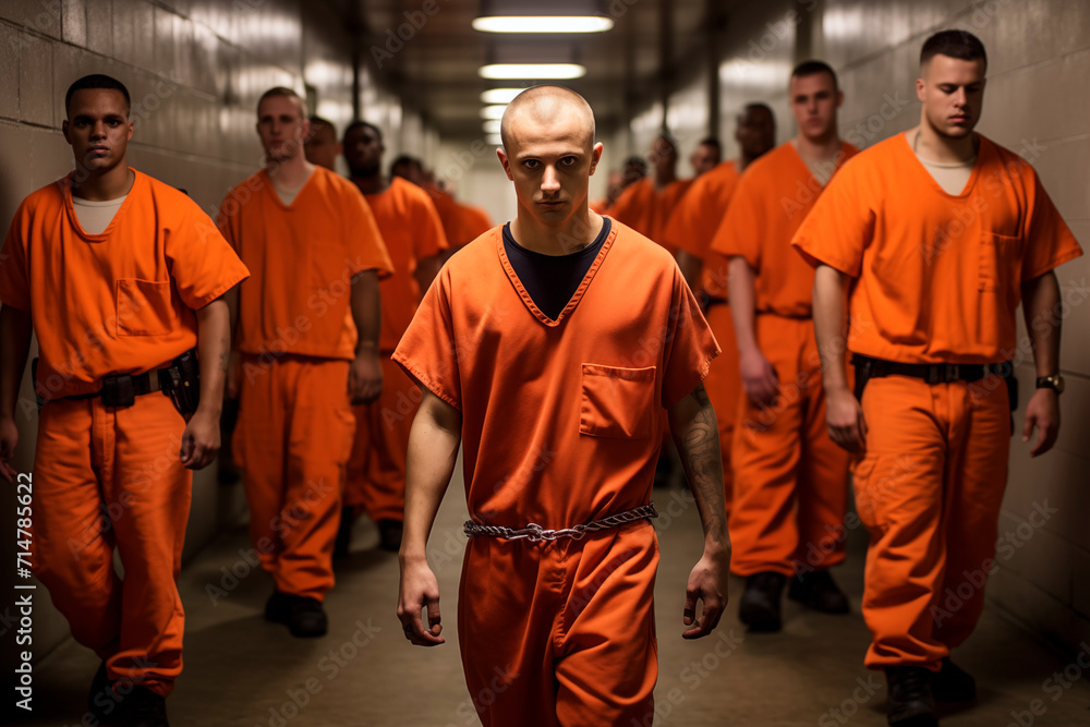 Angry prisoners in orange uniforms walking through the prison Stock ...