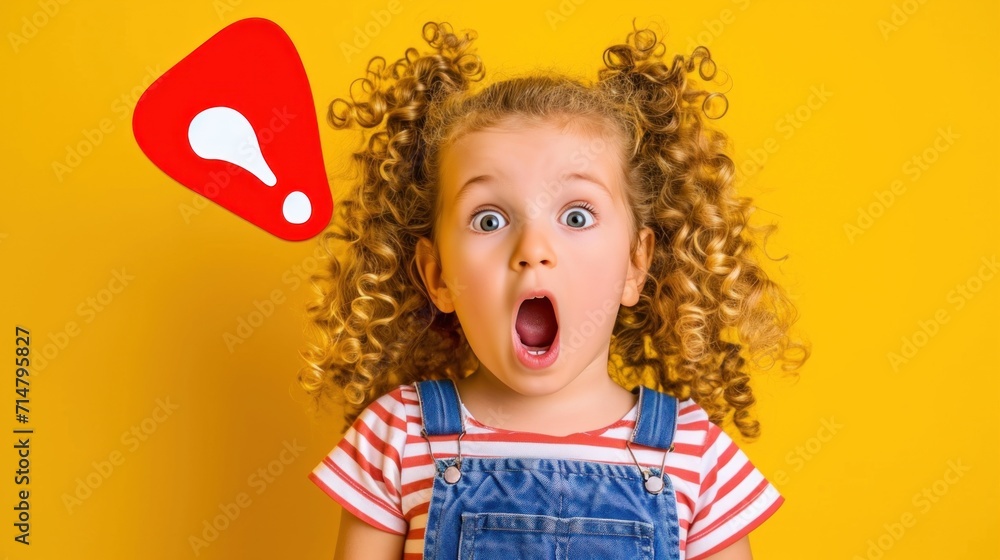 Cute curly little girl with a surprised expression on a bright yellow ...