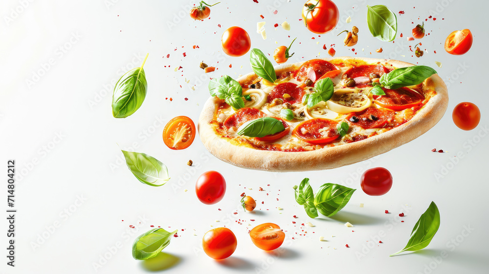 Pizza fly. Flying ingredients with pizza dough on a white background ...