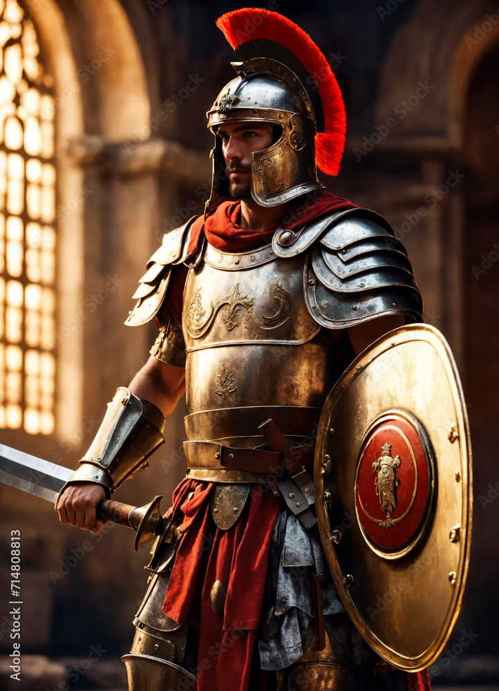 Roman male legionary, legionaries wear helmet with crest, long sword ...